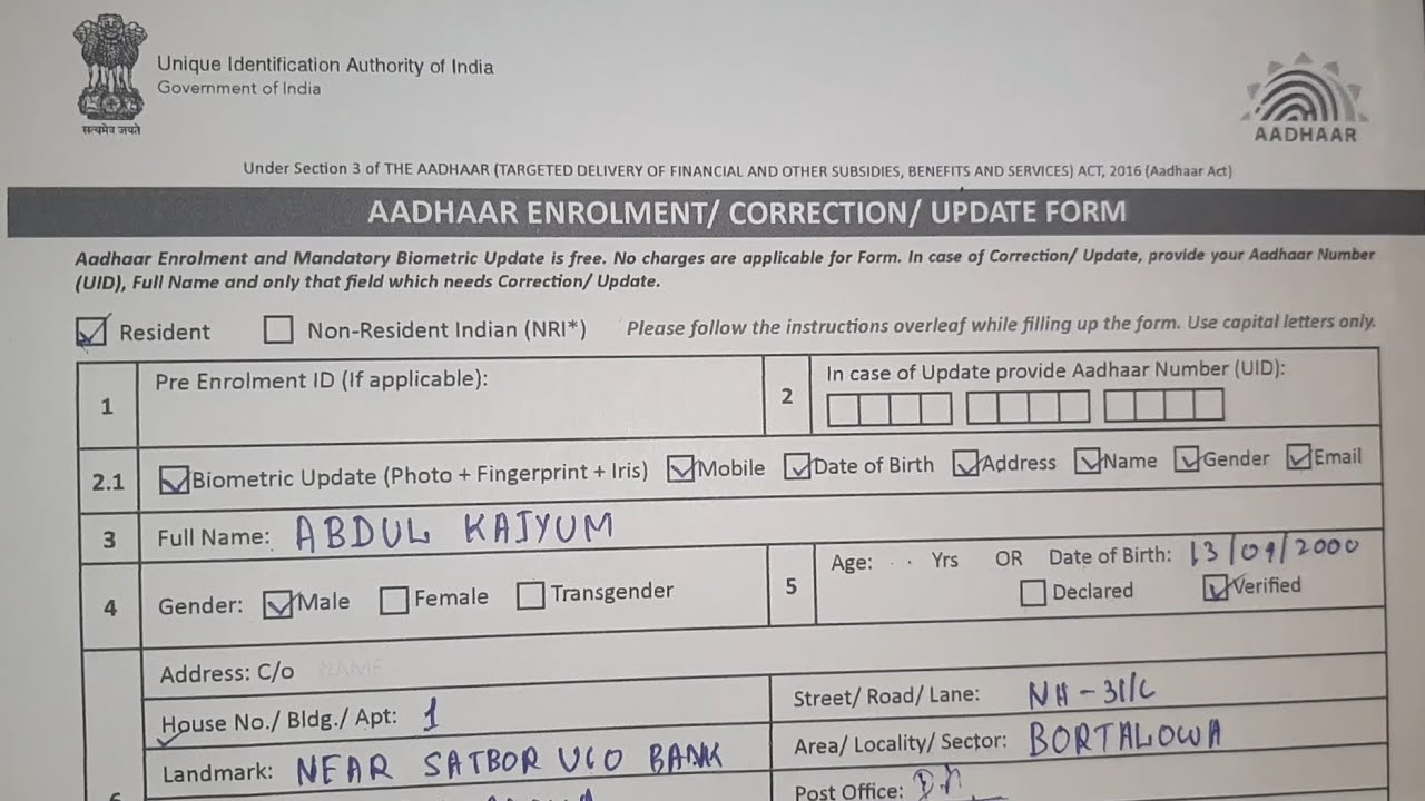 Aadhar Card Form In Word Format Fill And Sign Printab